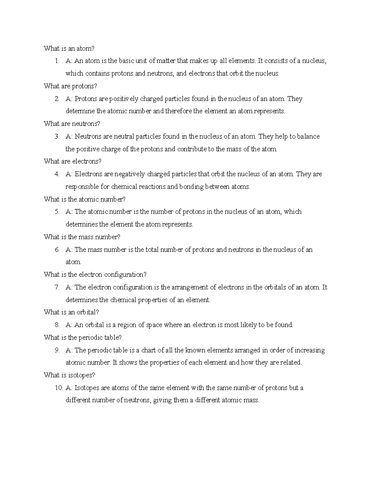 Atomic Structure Practice Material - What is an atom? 1. A: An atom is ...