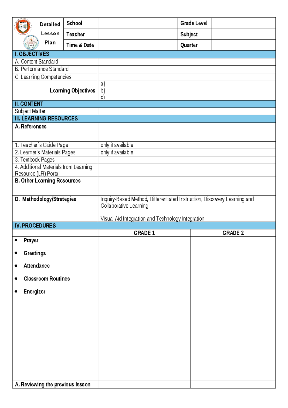 MGDetailed Lesson Plan Format - School Grade Level Teacher Subject Time ...