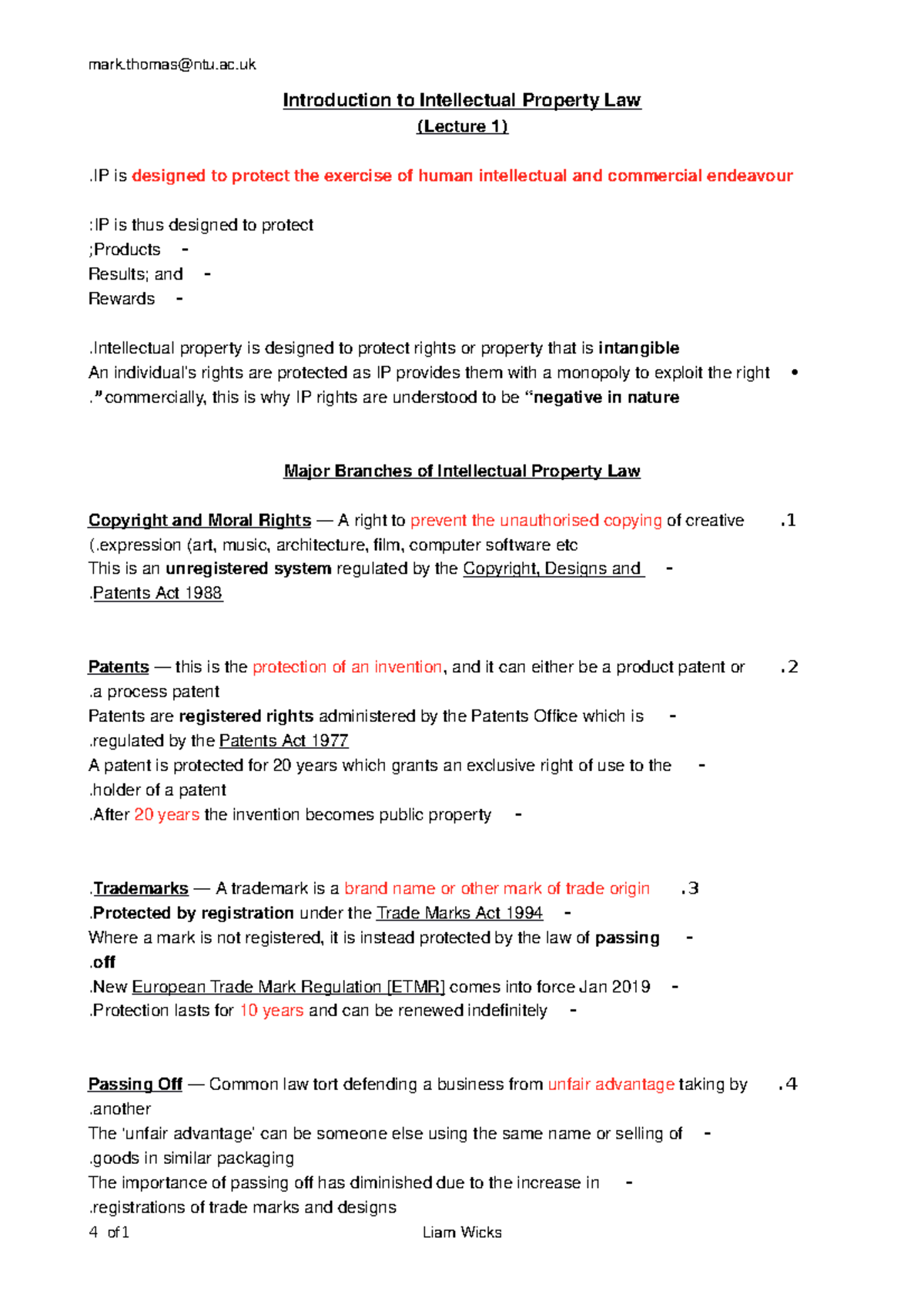 L1. Introduction - Introduction to Intellectual Property Law ( Lecture 1 ) .IP is designed to ...