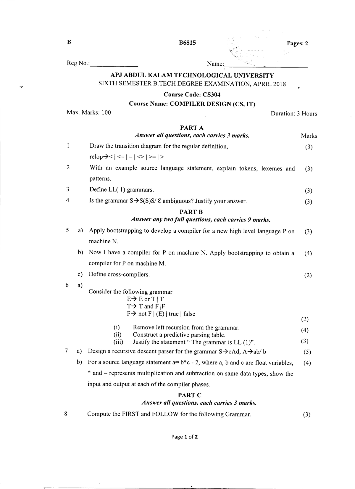 S6 BTech Compliers Design -april 2018-Question Paper - compiler design - Studocu