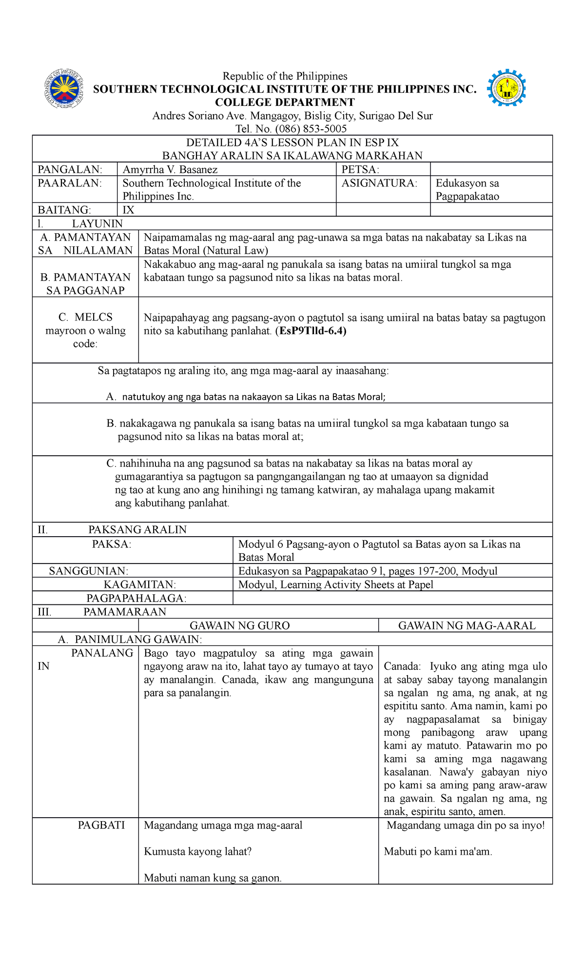 ESP-LP - Republic of the Philippines SOUTHERN TECHNOLOGICAL INSTITUTE ...