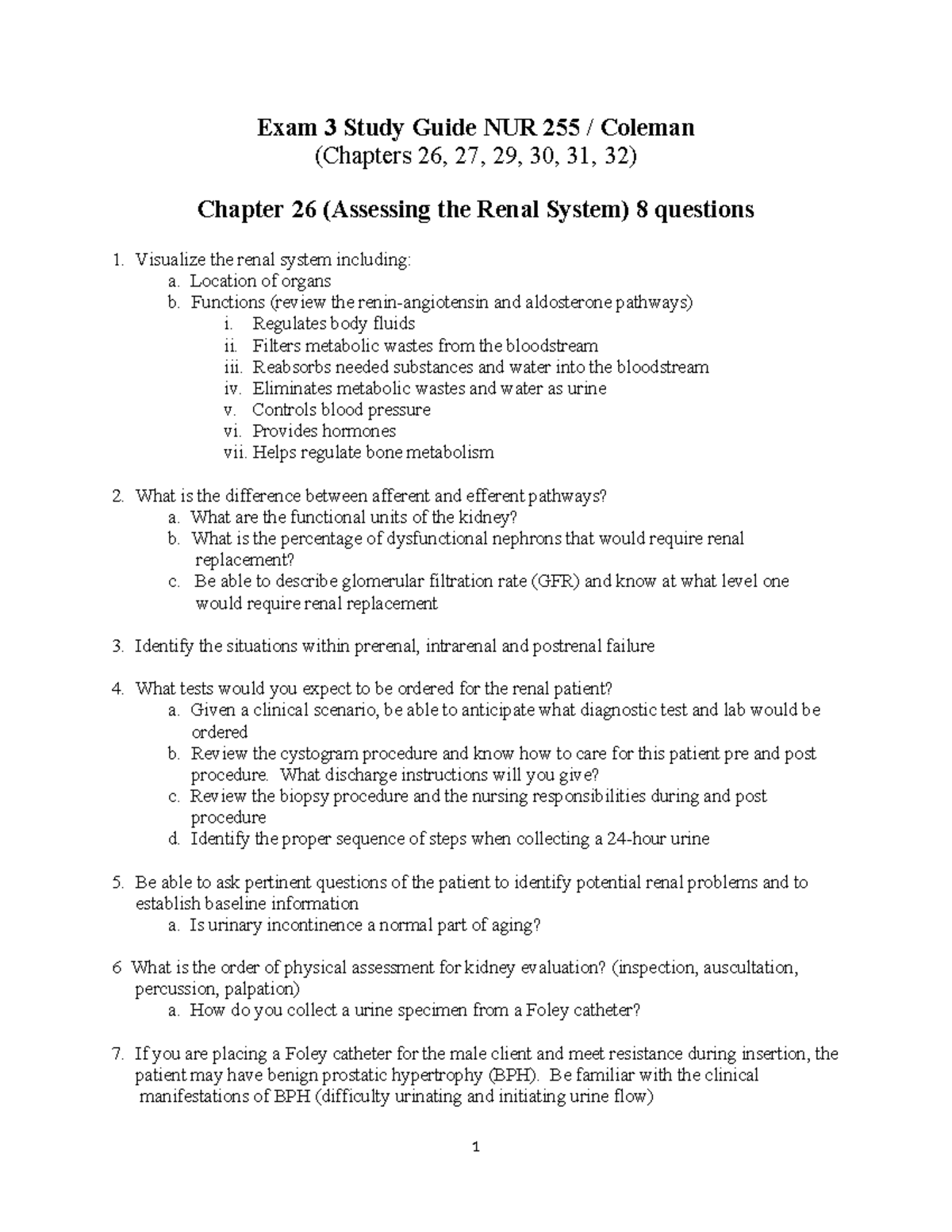 Study Guide Exam 3 - exam 3 sg - Exam 3 Study Guide NUR 255 / Coleman ...