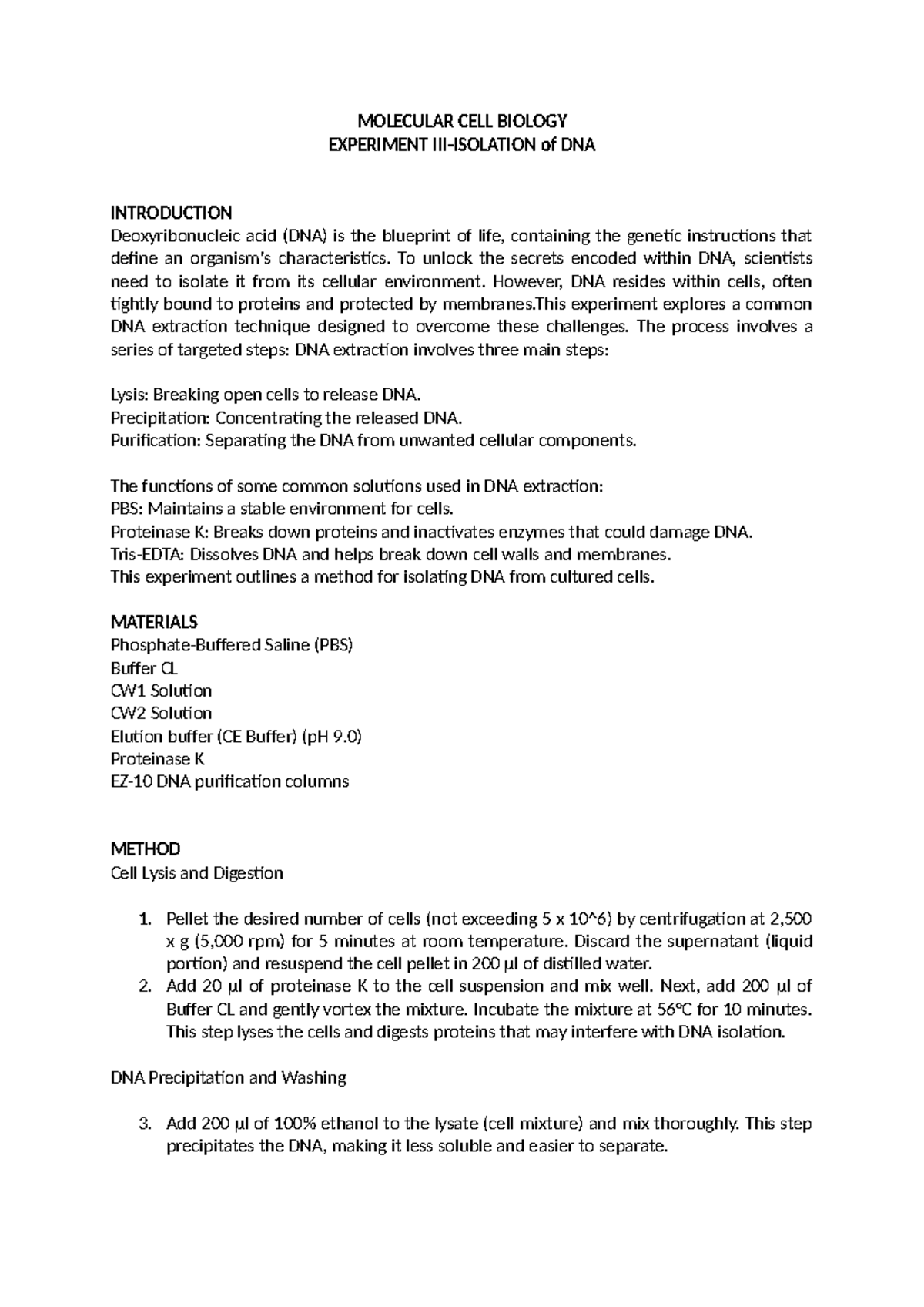 Report 3 - MOLECULAR CELL BIOLOGY EXPERIMENT III-ISOLATION of DNA ...
