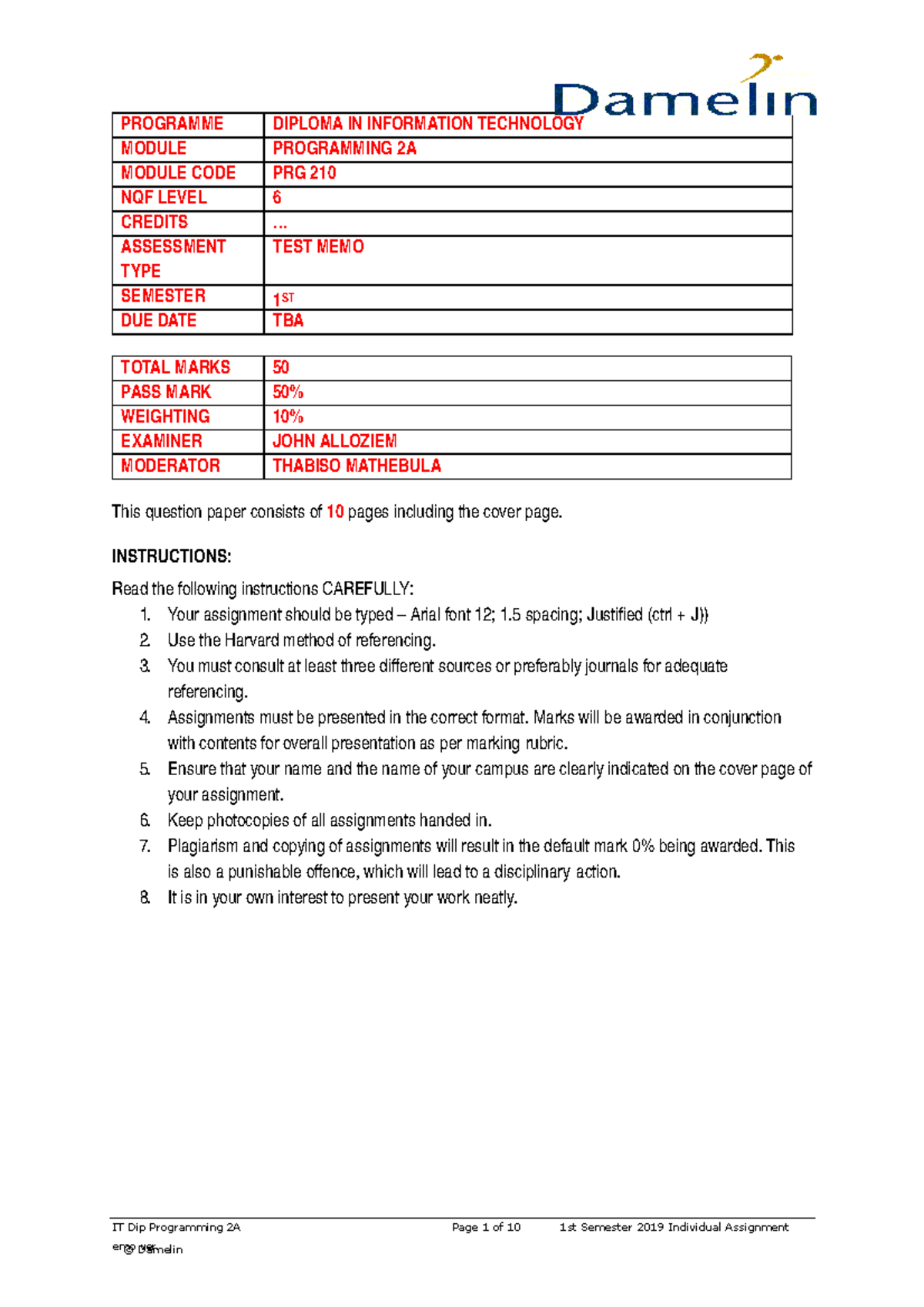 Progra 1-TEST MEMO - note - emo ver. IT Dip Programming 2A © Damelin ...