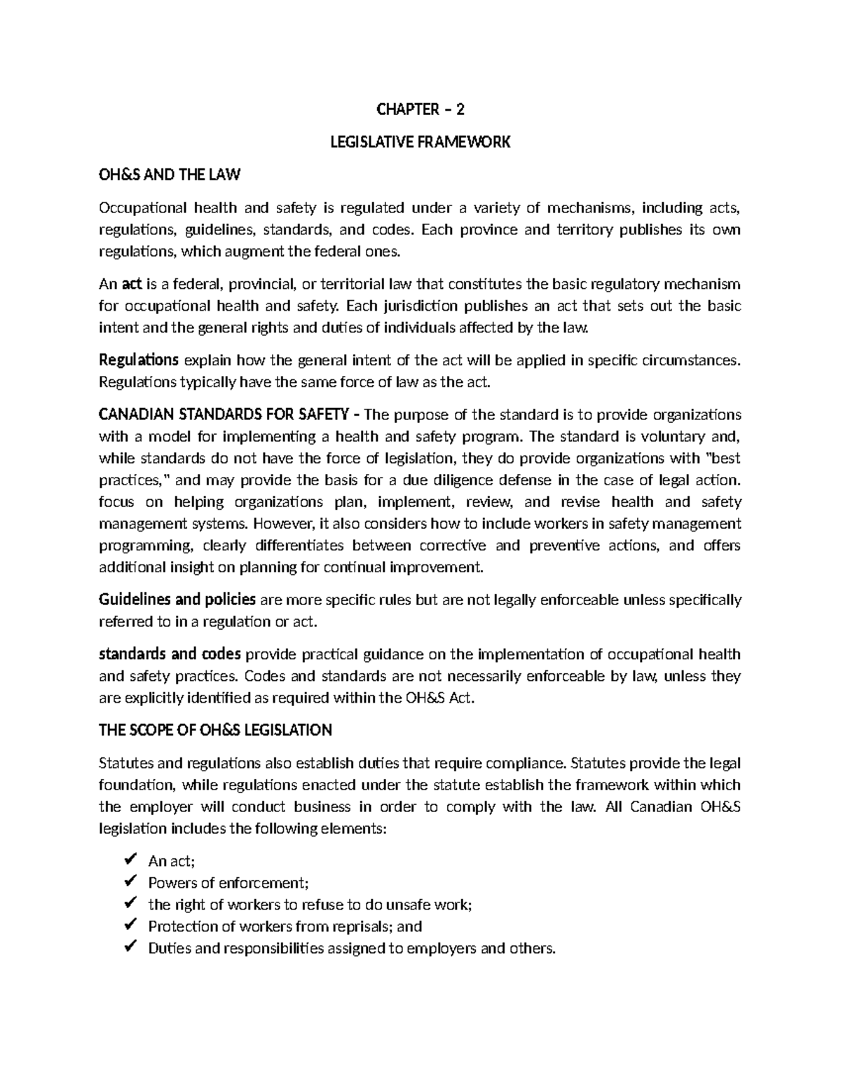 Chapter 2 - Summary Management of occupational health and safety - CHAPTER – 2 LEGISLATIVE ...