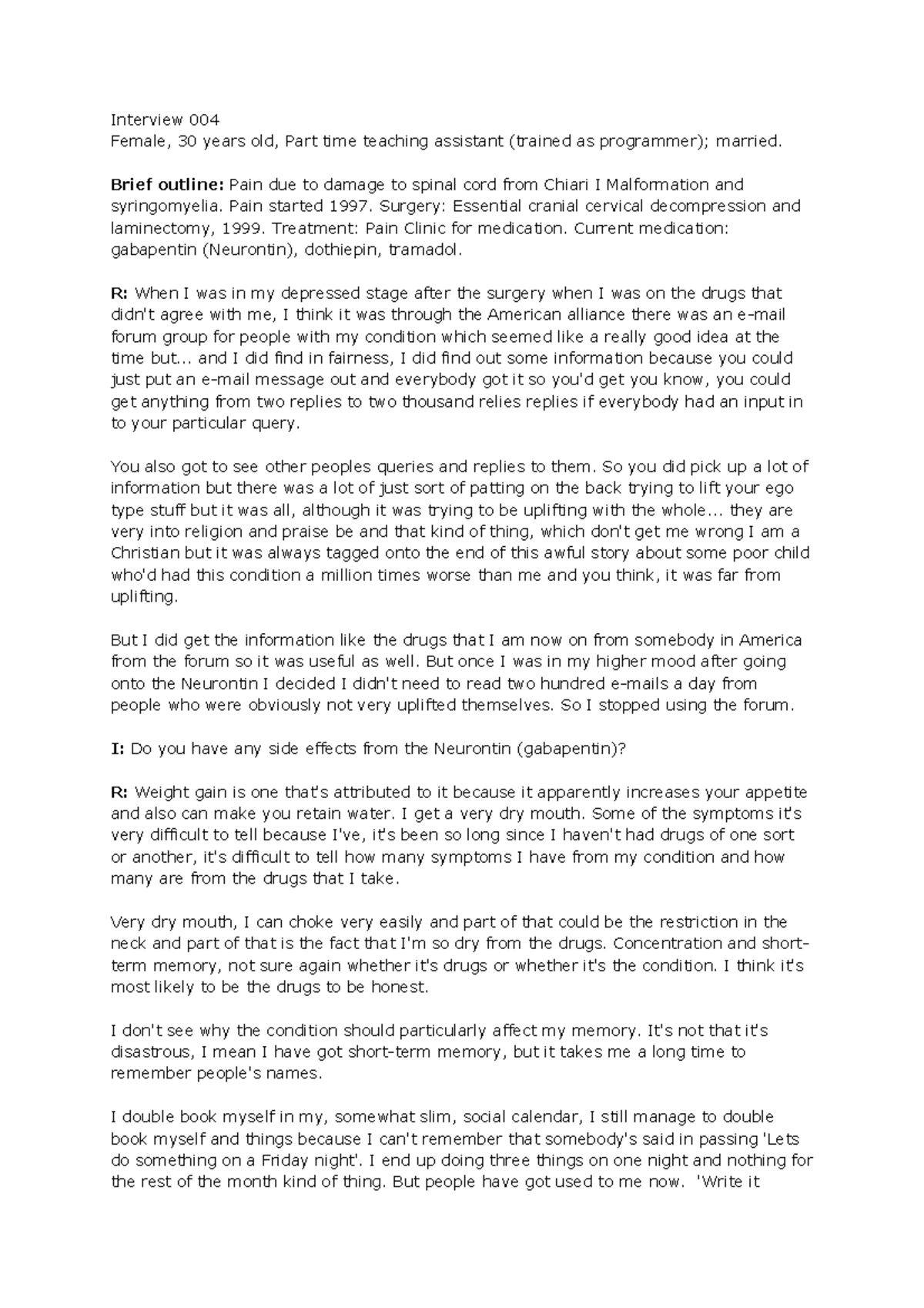 Interview 004 - chronic back pain - Interview 004 Female, 30 years old ...