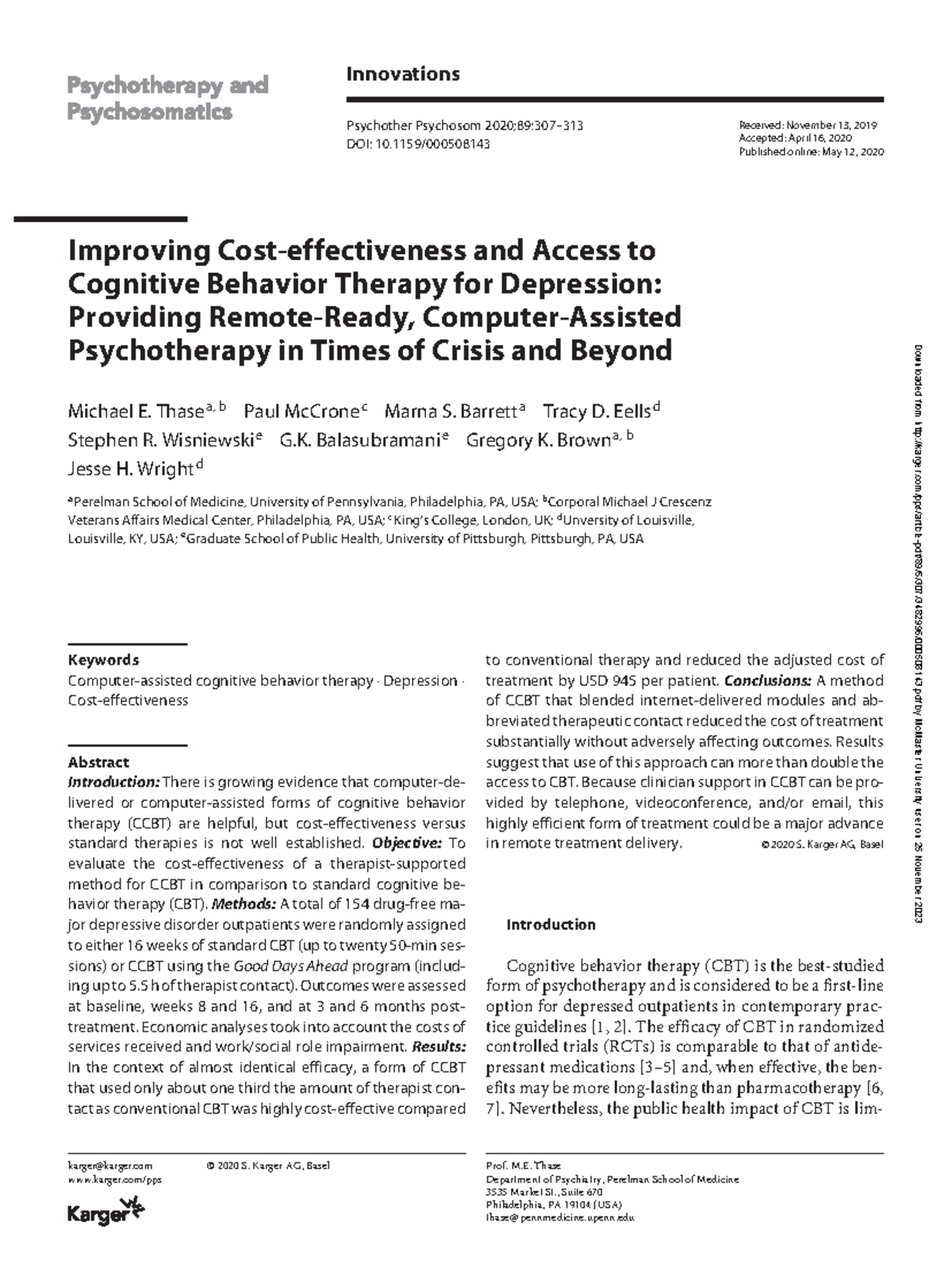 Psychotherapy Thaseal 2019 - Innovations Psychother Psychosom 2020;89: ...