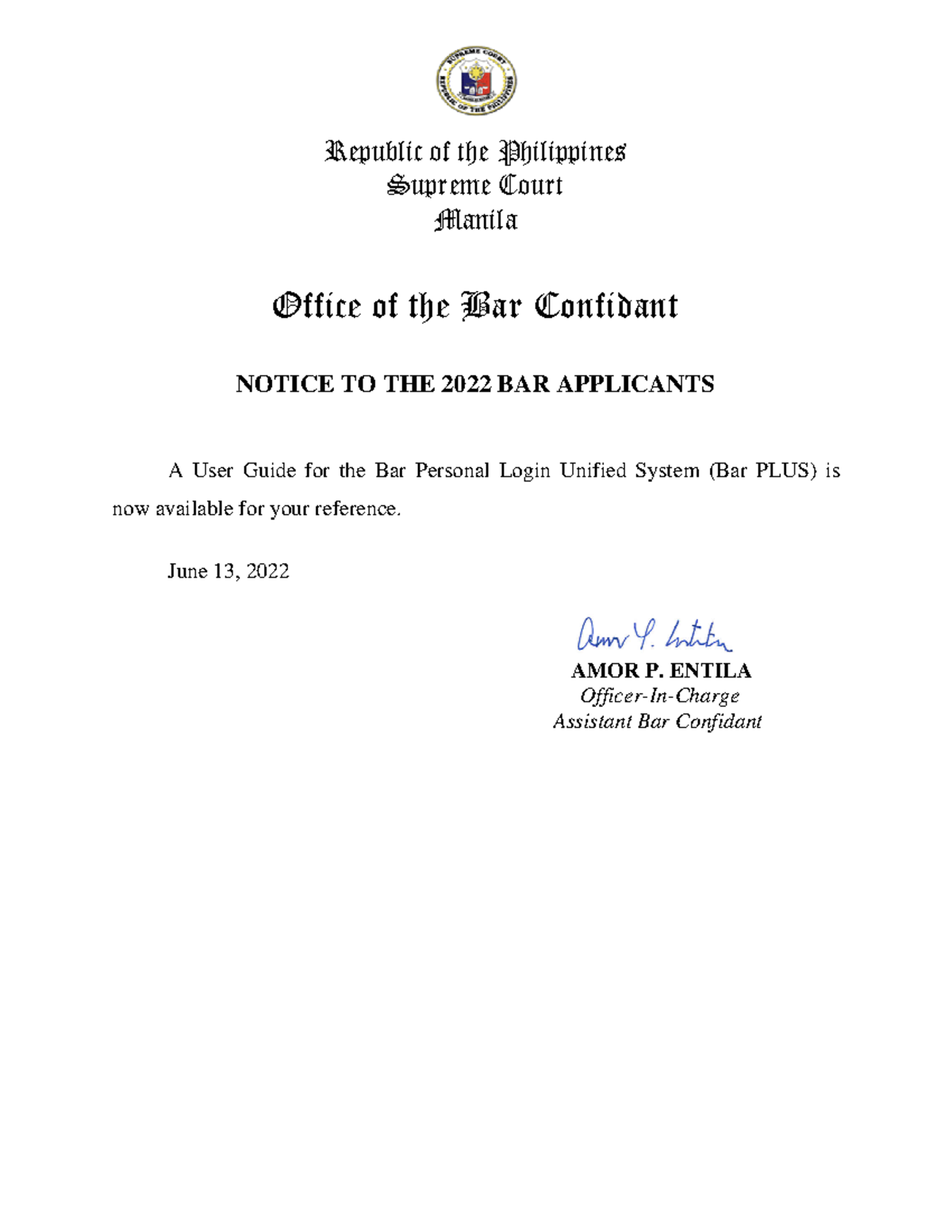 Bar PLUS User Guide Notice v2 - Republic of the Philippines Supreme ...