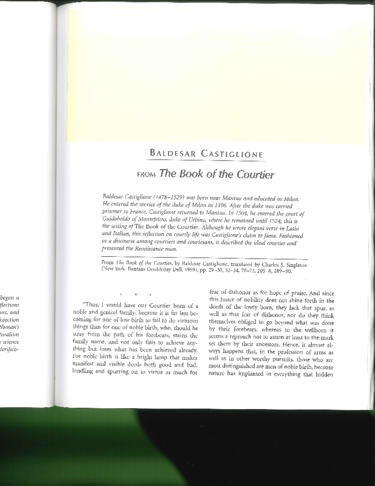 Castiglione's Book of the Courtier reading - Studocu