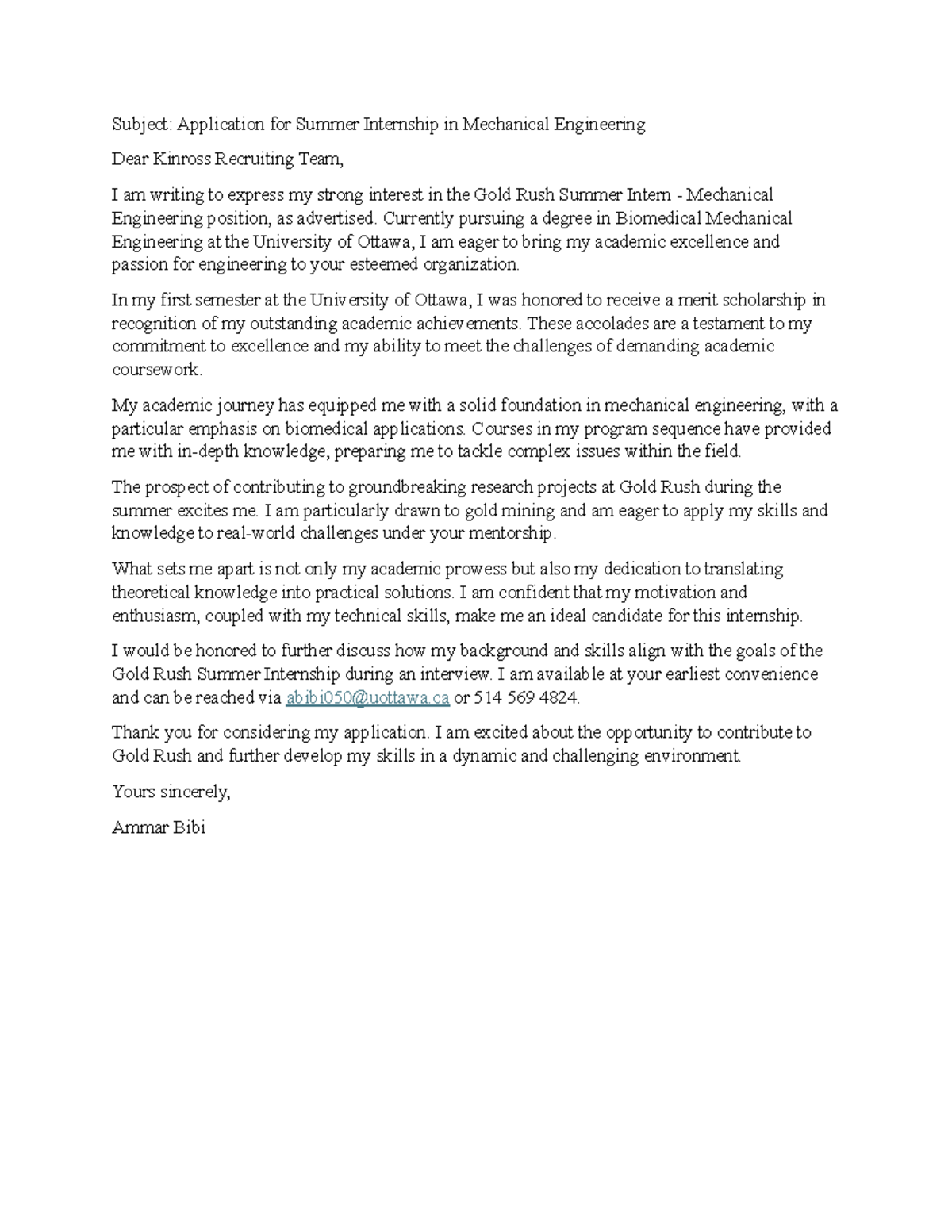 Gold mine cover letter - Subject: Application for Summer Internship in Mechanical Engineering ...