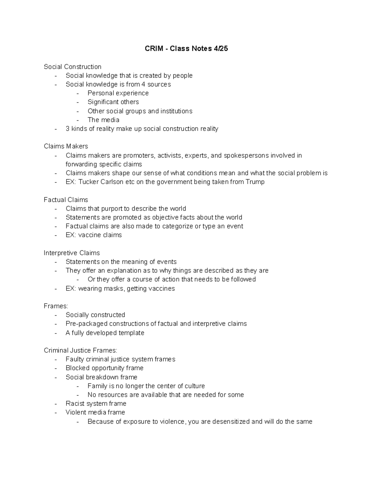 CRIM - Class Notes 4-25 - CRIM - Class Notes 4/ Social Construction ...