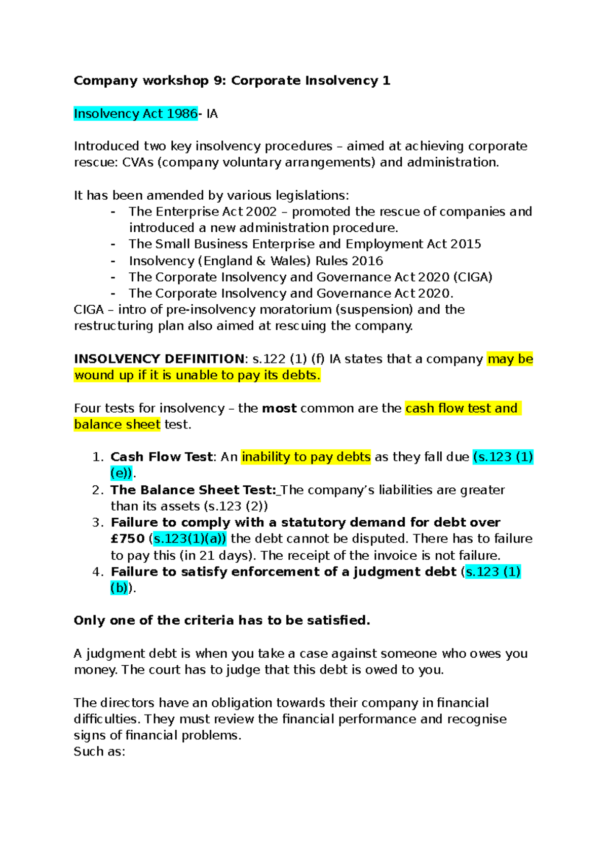 Company workshop 9- Insolvency I - Company workshop 9: Corporate ...