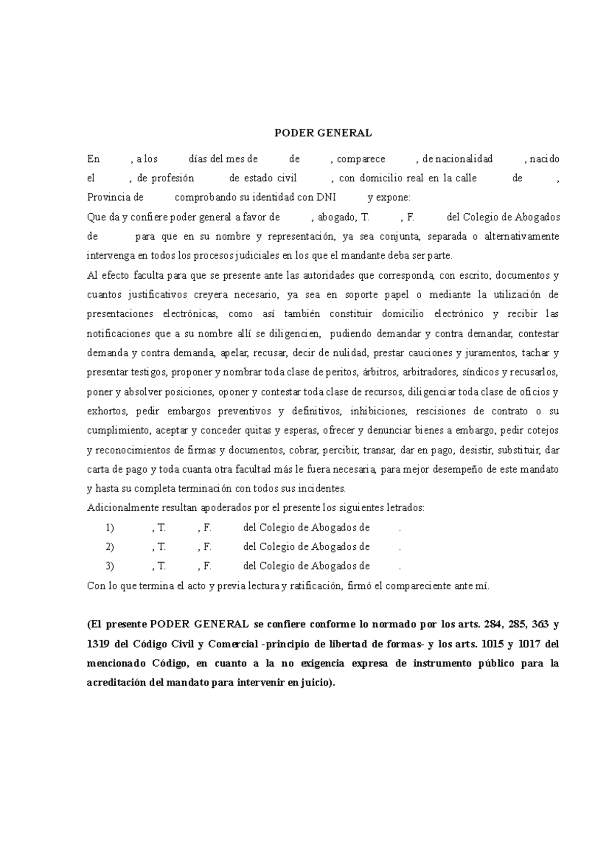 Poder General modelo - PODER GENERAL En , a los días del mes de de ...