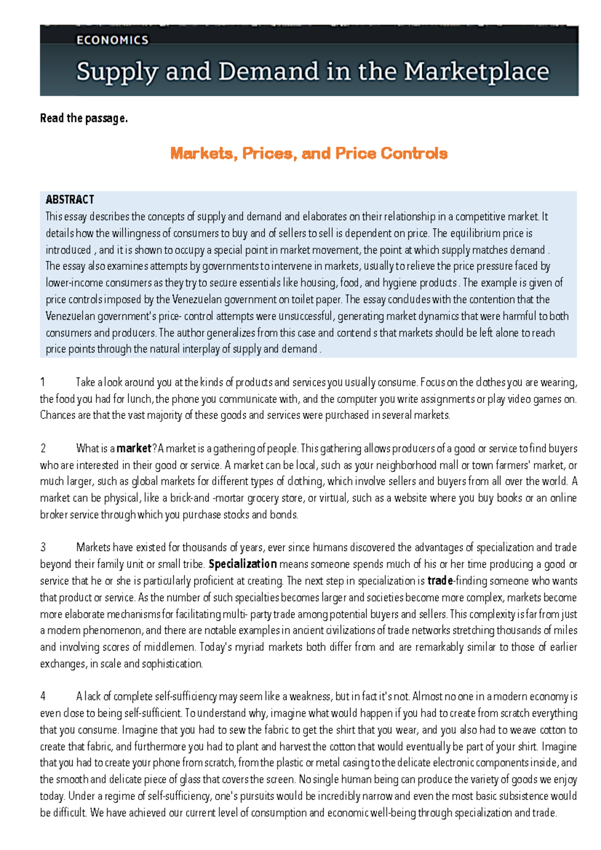 AEG114 Final-Assessment Reading-2-1 - Read the passage. Markets, Prices ...
