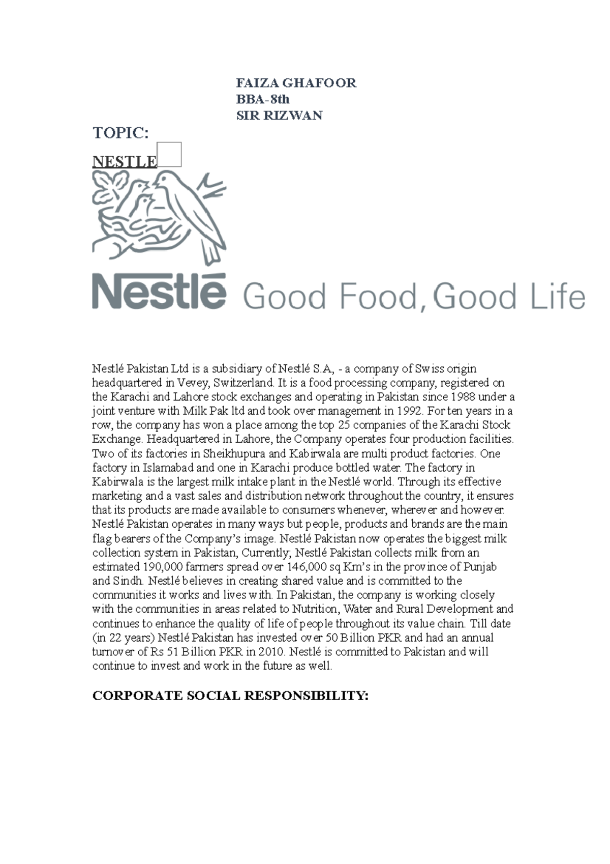 Faiza GHAF - Lecture notes 1 - FAIZA GHAFOOR SIR RIZWAN TOPIC: NESTLE ...