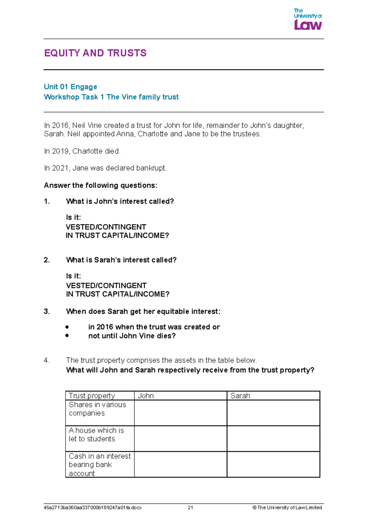 2223 eqtr ws 01 ce01 workshop task 01 - EQUITY AND TRUSTS Unit 01 ...
