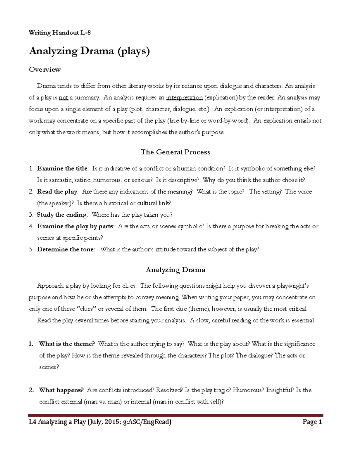 L8 analyzing drama plays - L4 Analyzing a Play (July, 2015; g:ASC ...