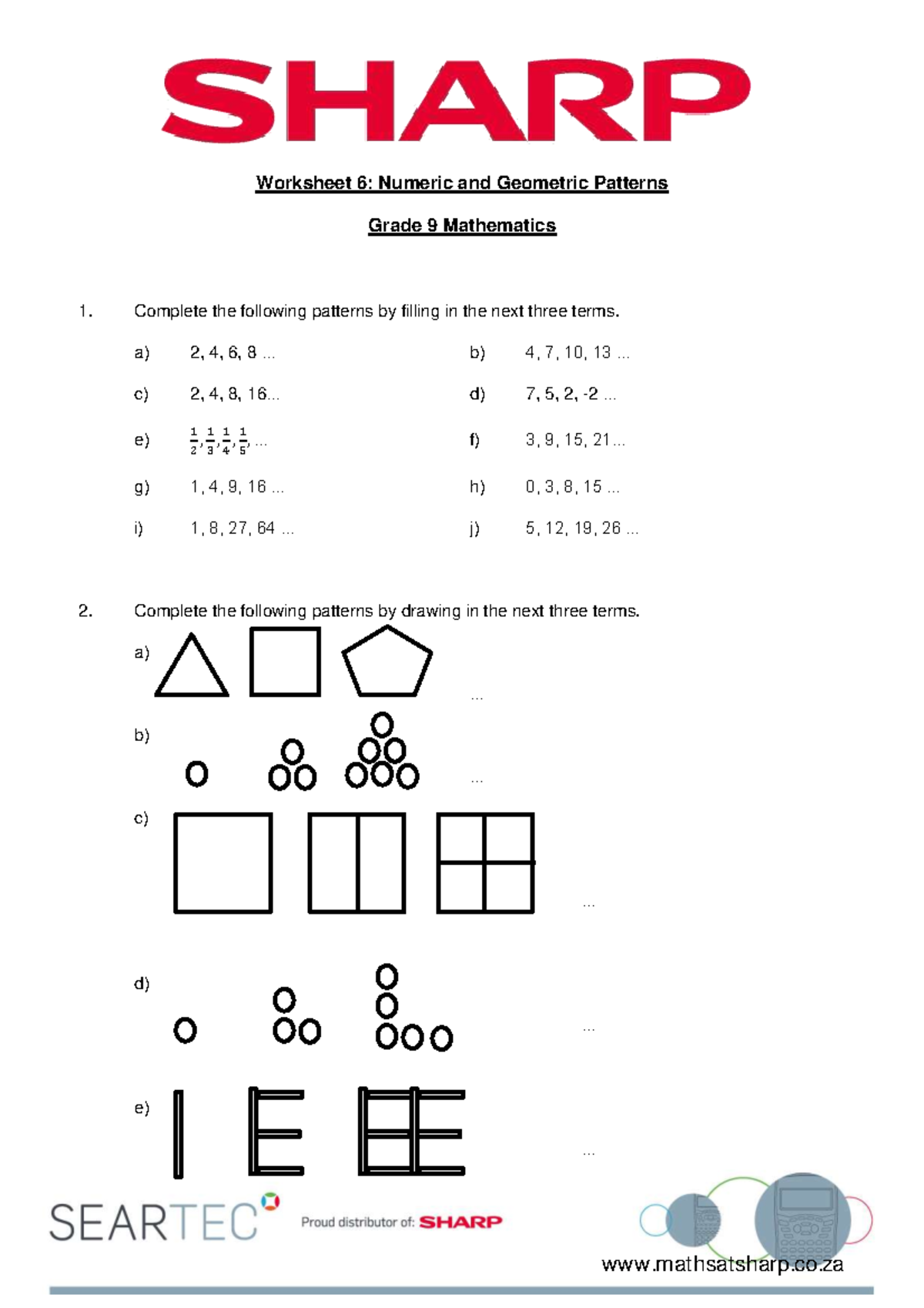 Worksheet 6 Numeric And Geometric Patterns Grade 9 Maths Mathsatsharp