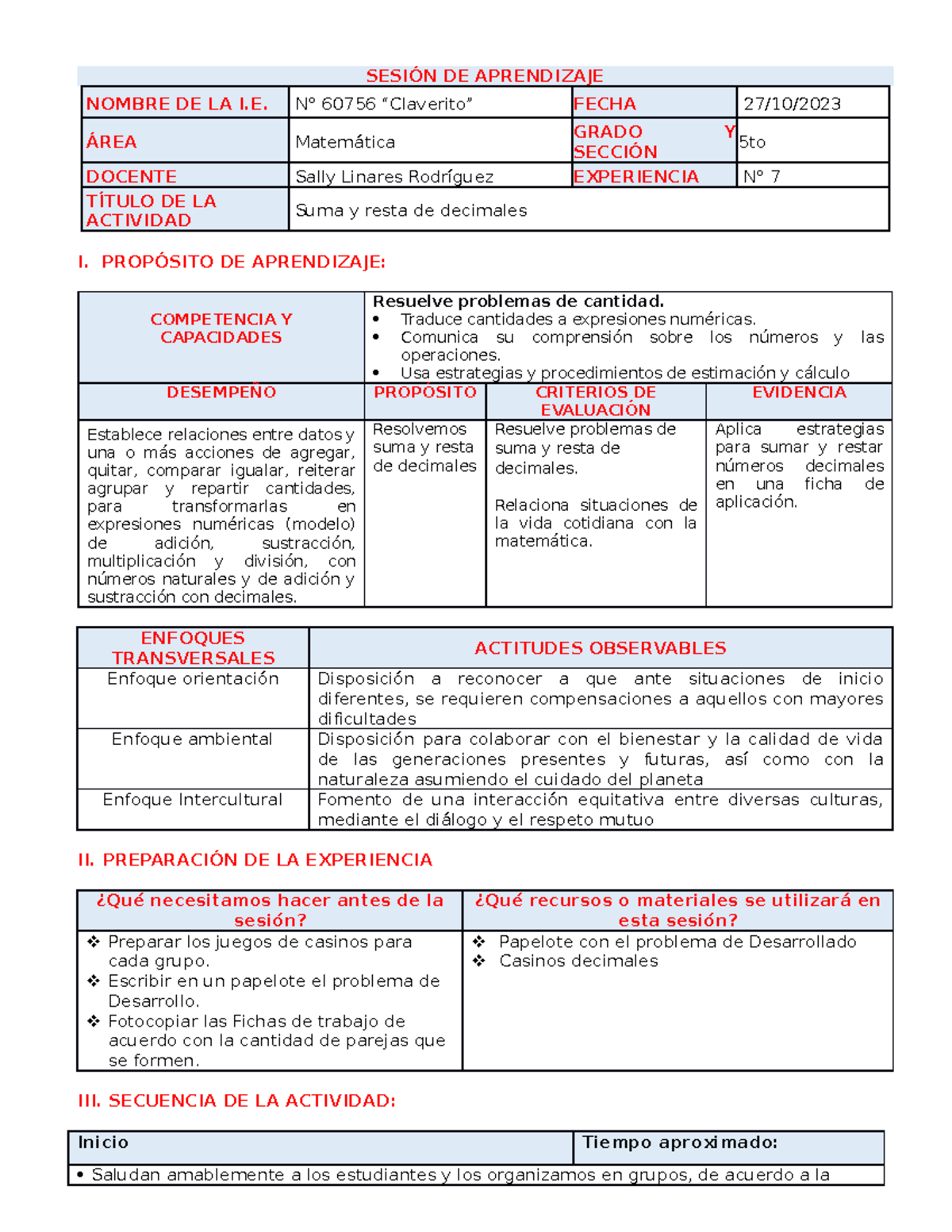 Sesion - Suma y resta de decimales - SESIÓN DE APRENDIZAJE NOMBRE DE LA ...