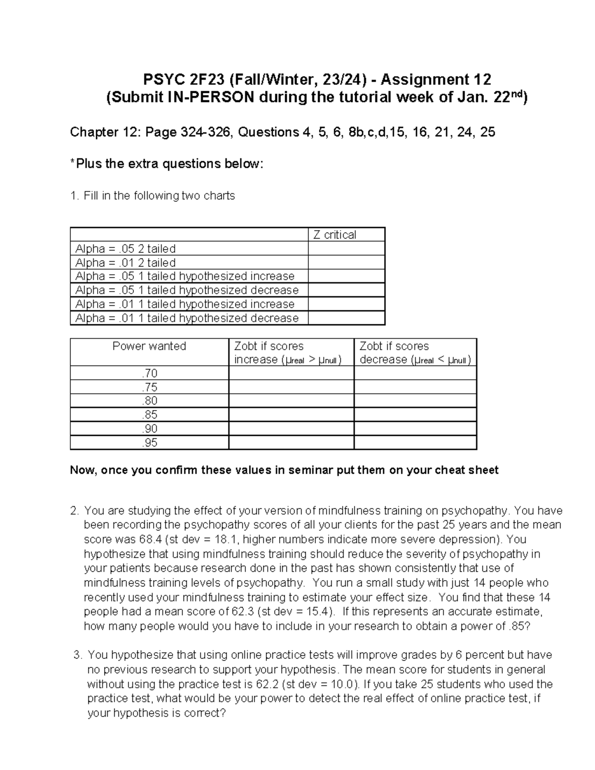 Assignment 12 - Single Sample Z Test - PSYC 2F23 (Fall/Winter, 23/24 ...