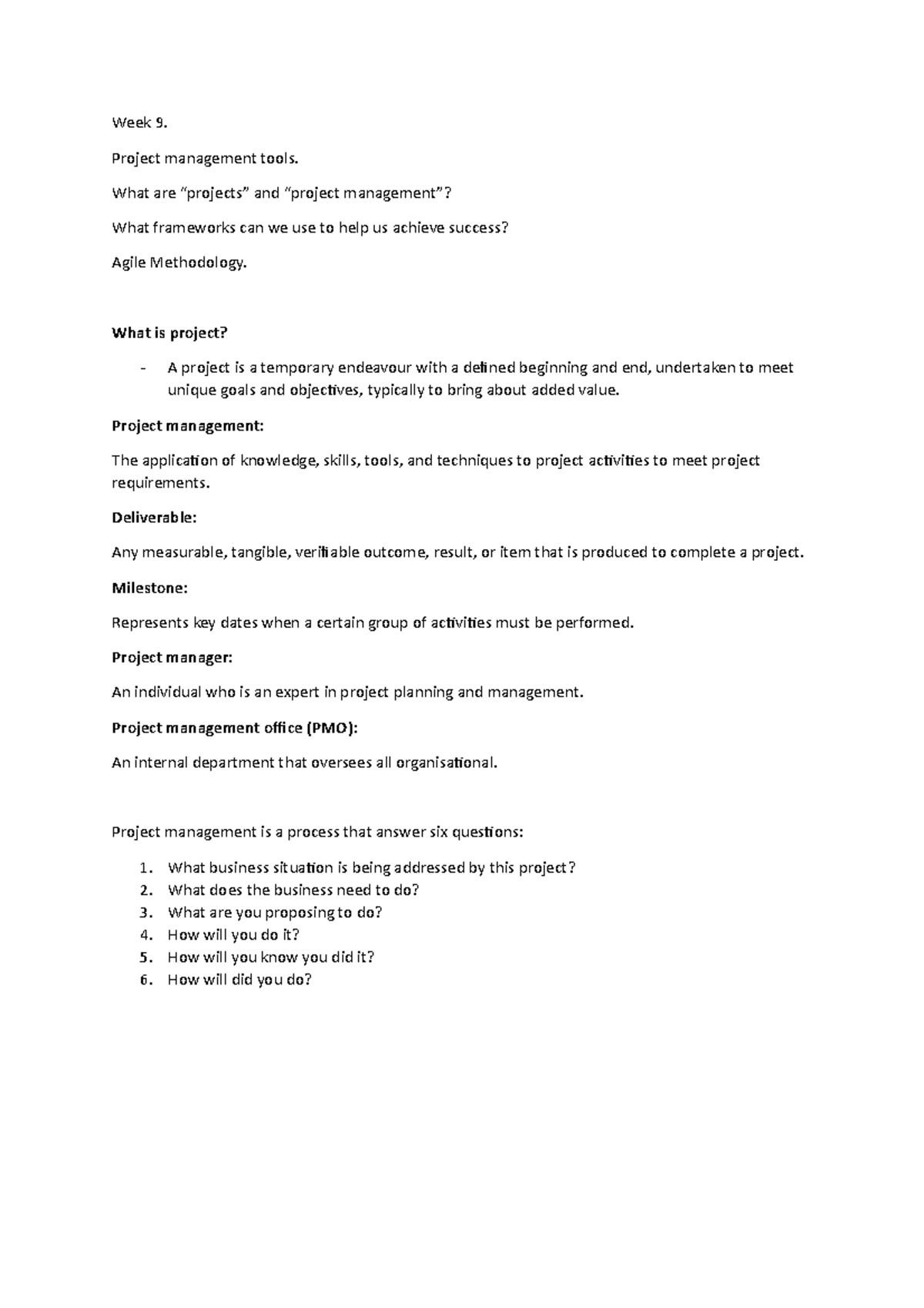 Week 9 exam notes - Week 9. Project management tools. What are ...