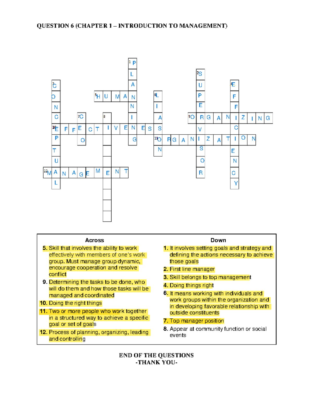 Crosswords Chap1 - mgt126 - QUESTION 6 (CHAPTER 1 – INTRODUCTION TO ...