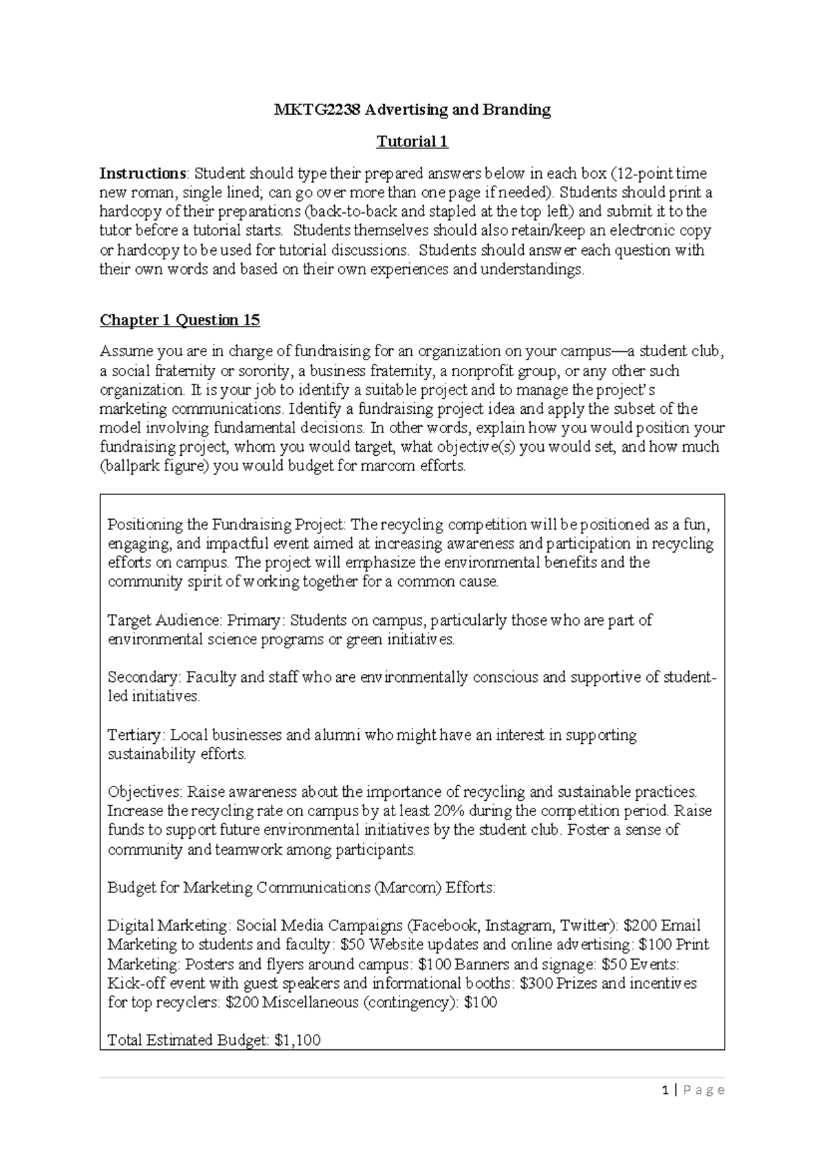 Tutorial 1 Topic 1&2 - FIRST TUTE WORK - MKTG2238 Advertising and ...