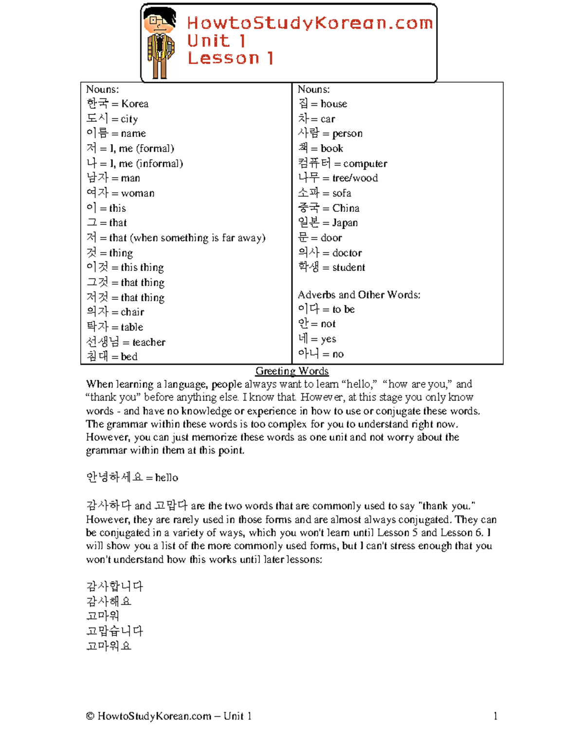 Howto Study Korean Unit 1 Lesson 1 - Nouns: 한국 = Korea 도시 = city 이름 ...