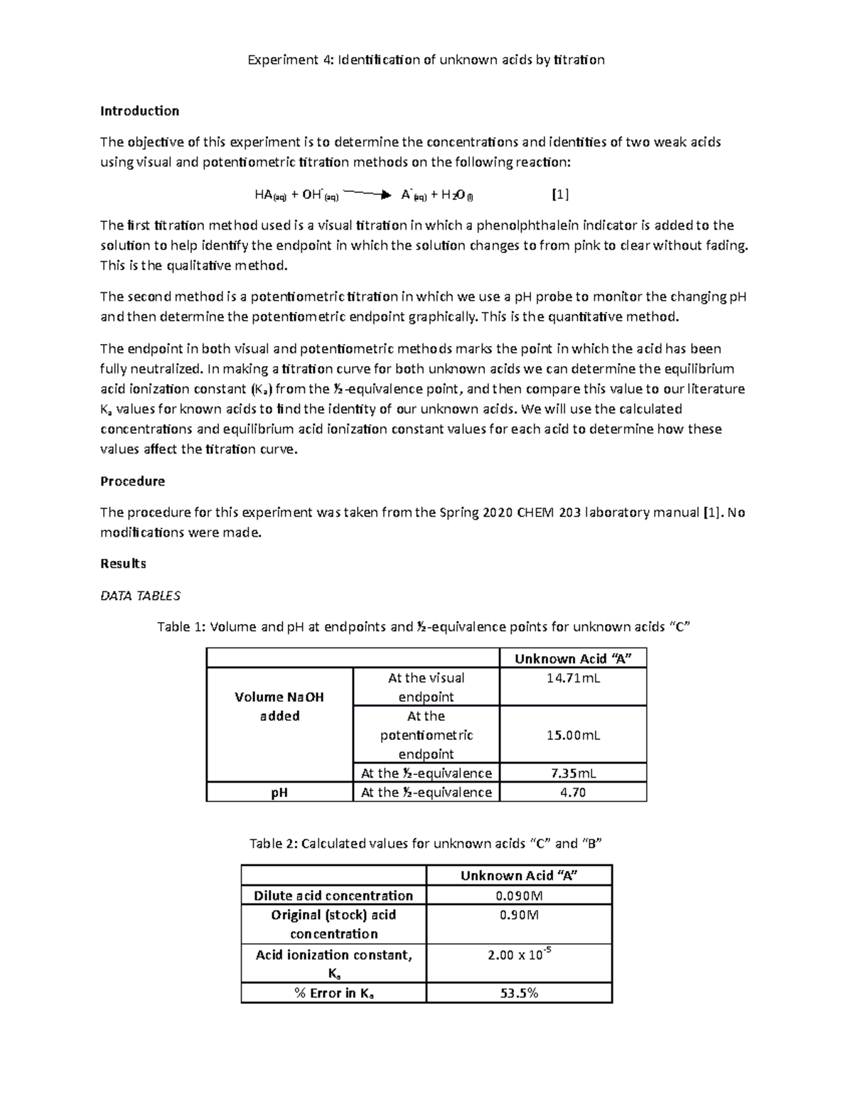 Lab 4 Acids Final - Lab 4/Experiment 4 Acid titration. - Introduction ...