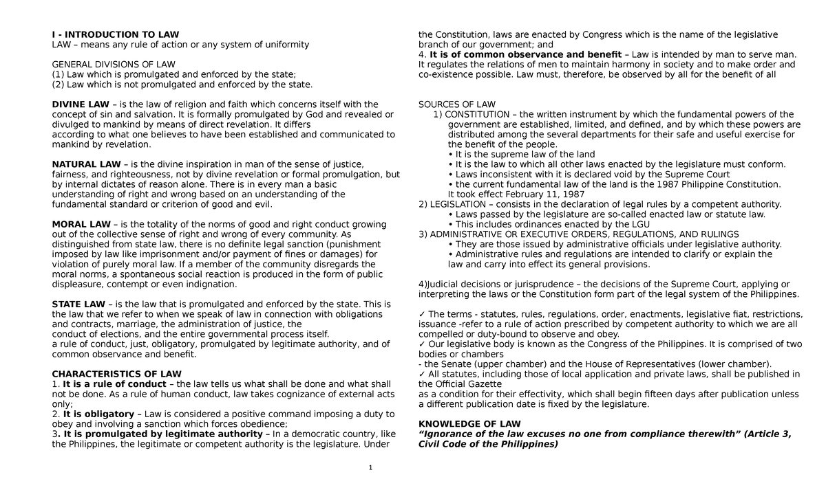 PURE and Conditional Obligations - I - INTRODUCTION TO LAW LAW – means ...