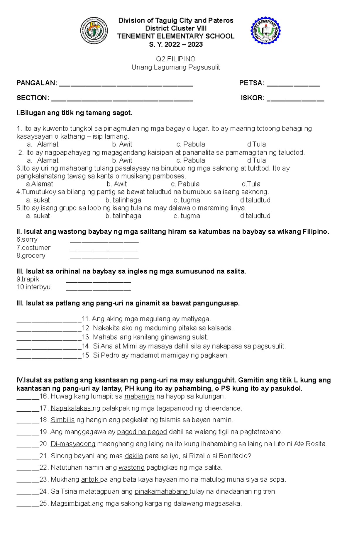 Q2 Filipino Lagumang- Pagsusulit-1 - Division of Taguig City and ...
