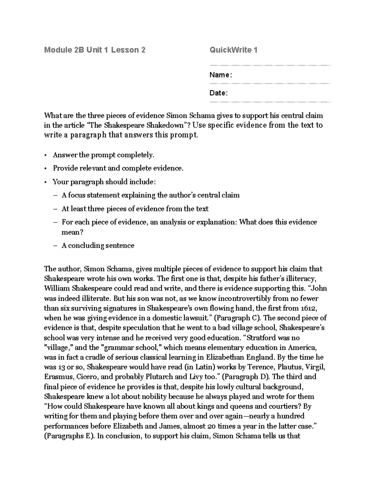 Mod 2B Unit 1 Lesson 2 Quick Write 1 - Module 2B Unit 1 Lesson 2 ...
