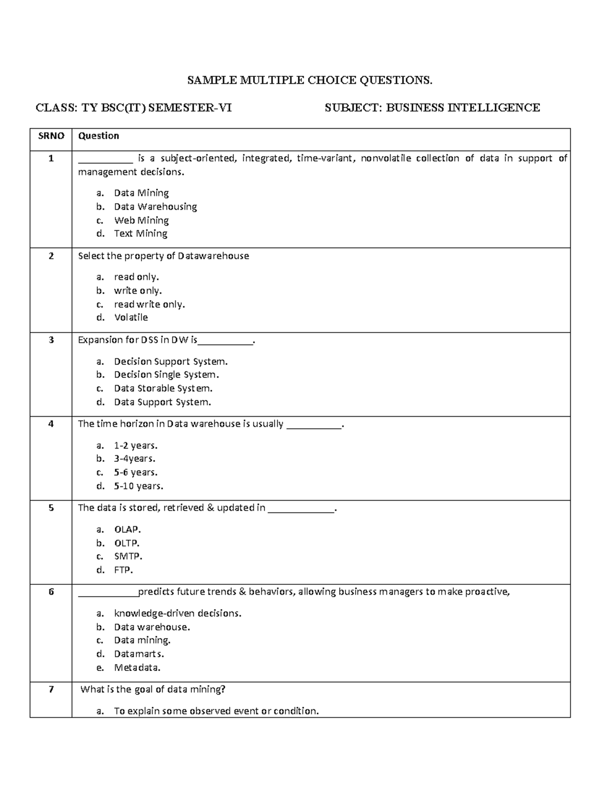 TYIT BI - hhh - SAMPLE MULTIPLE CHOICE QUESTIONS. CLASS: TY BSC(IT ...