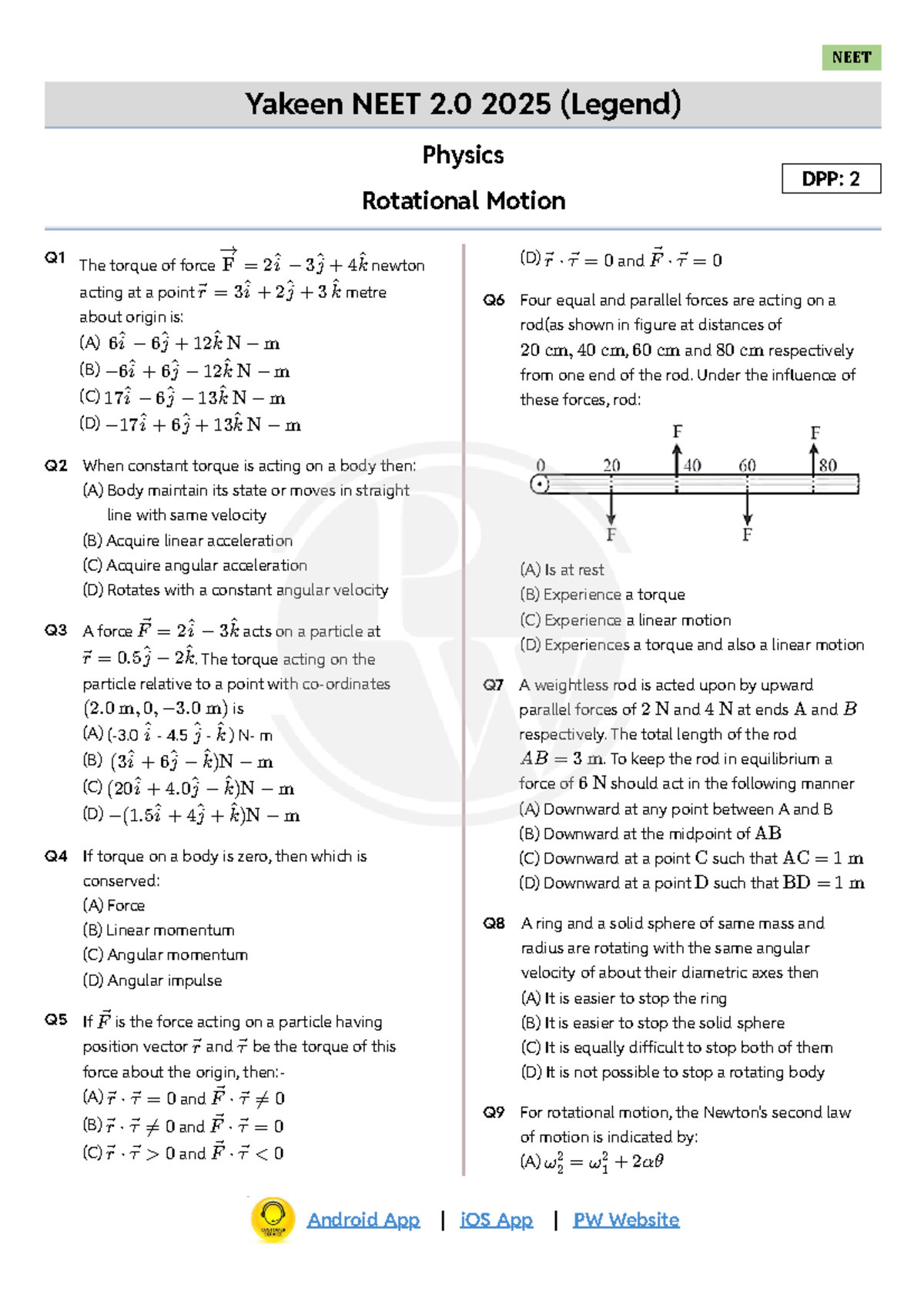 Rotational Motion DPP 02(of Lec-05) Yakeen NEET 2.0 2025 - NEET Yakeen ...
