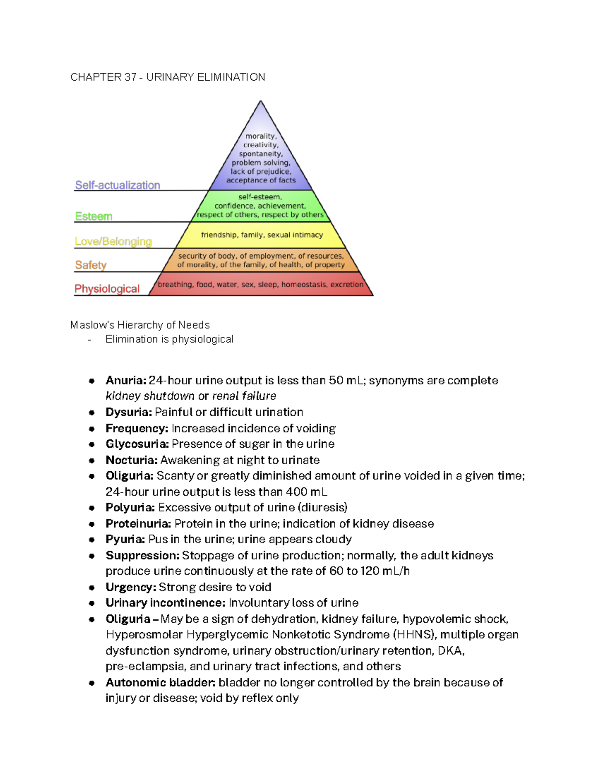 Intro TO Nursing CHAP 37 - CHAPTER 37 - URINARY ELIMINATION Maslow’s ...