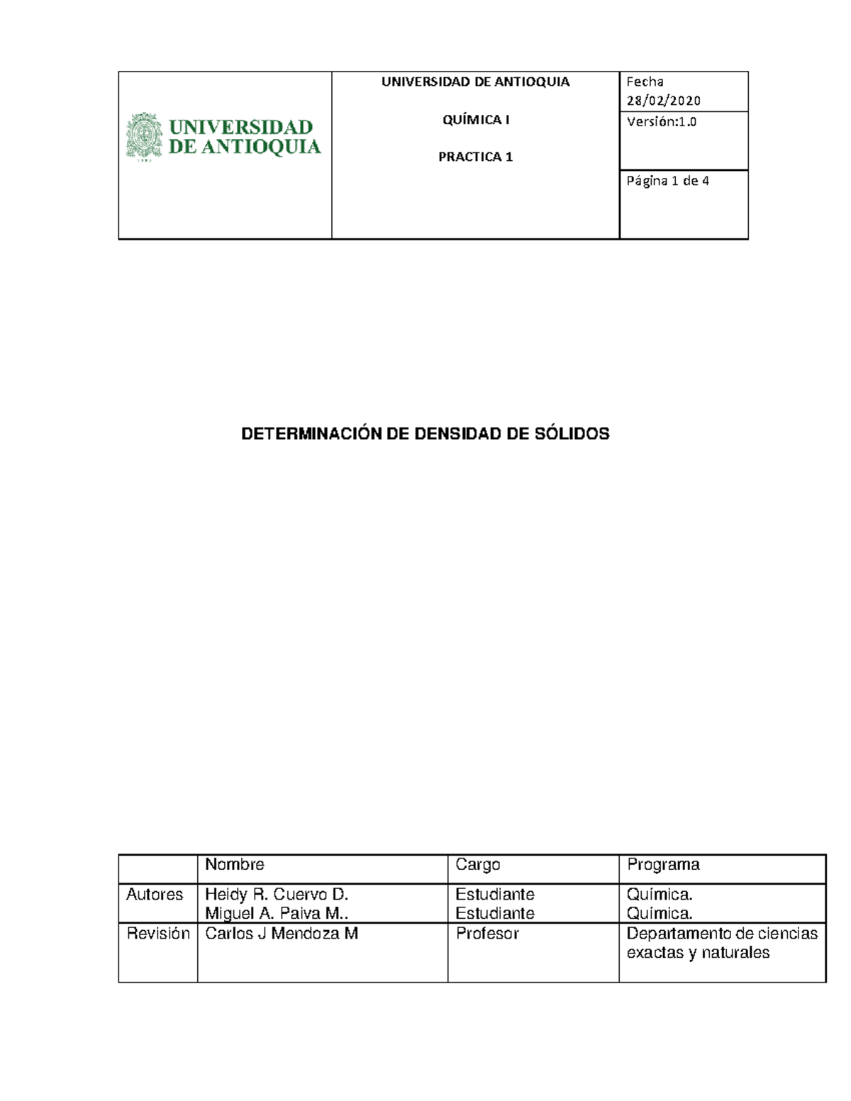 Densidad de Sólidos - Warning: TT: undefined function: 22 QUÍMICA I PRACTICA 1 28/02/ Versión:1 ...