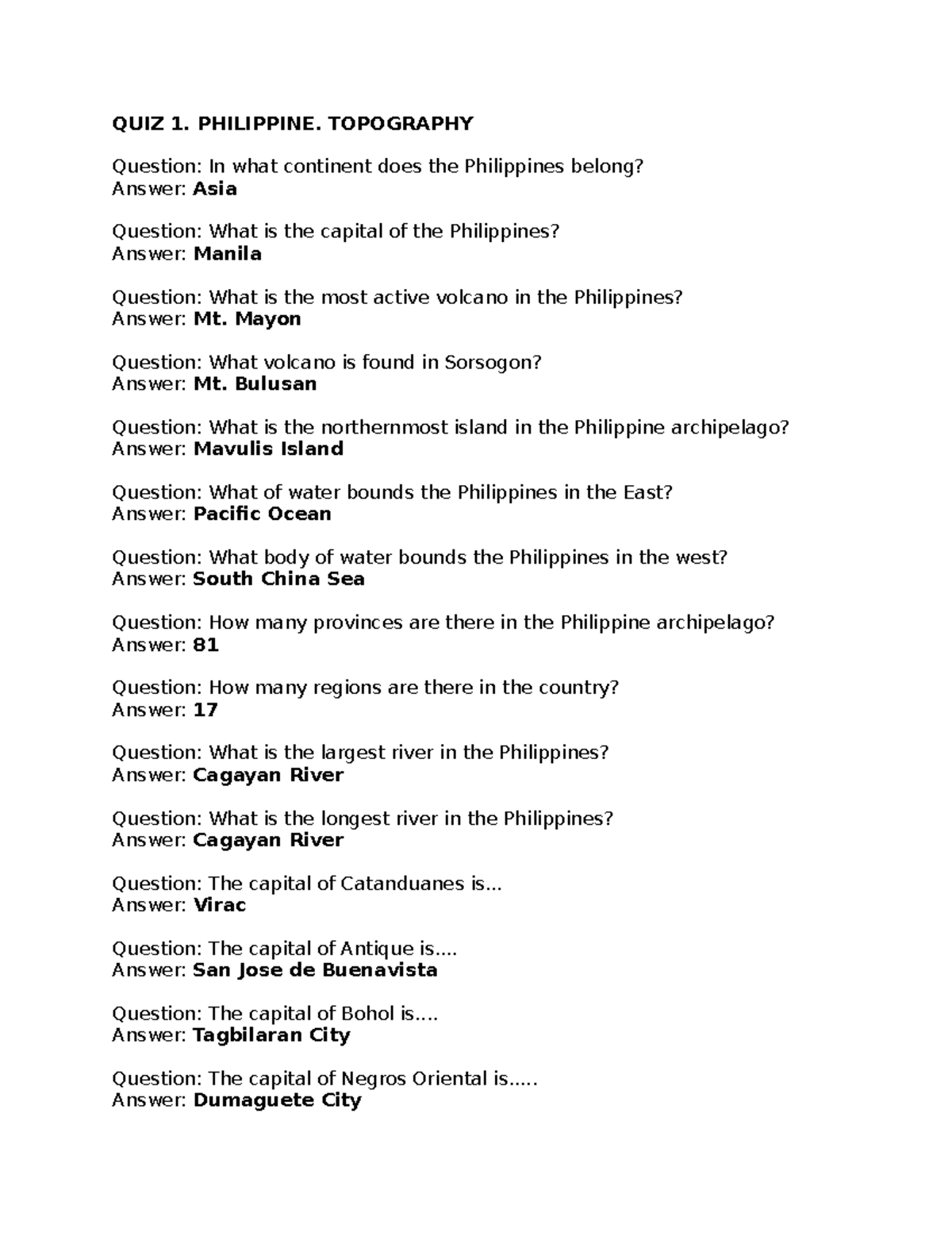 Quiz 1 - Philippine Topography - QUIZ 1. PHILIPPINE. TOPOGRAPHY ...