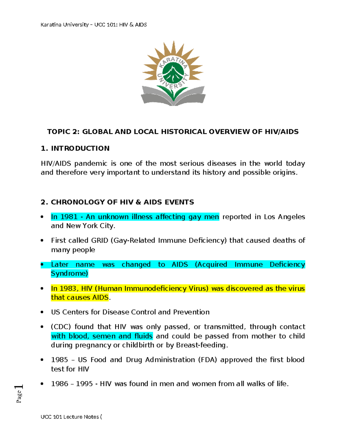 Lecture 2 - Global and local historical overview of HIV-AIDS - Page 1 ...