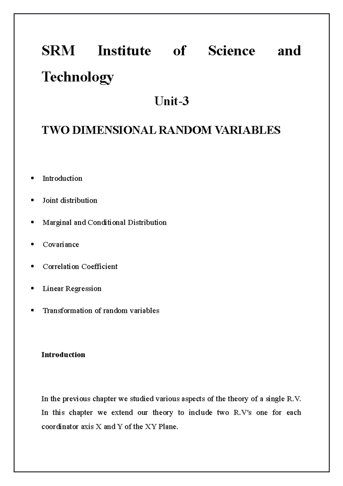 TWO Dimensional Random Variables - SRM Institute of Science and Technology Unit- TWO DIMENSIONAL ...