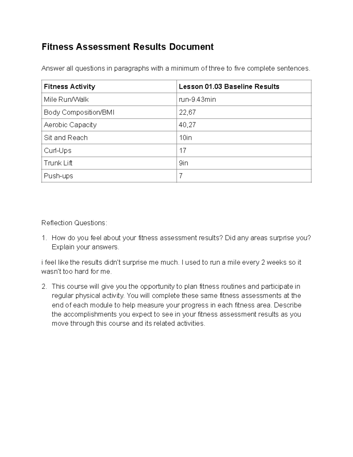Fitness assessment results - Reflection Questions: How do you feel ...