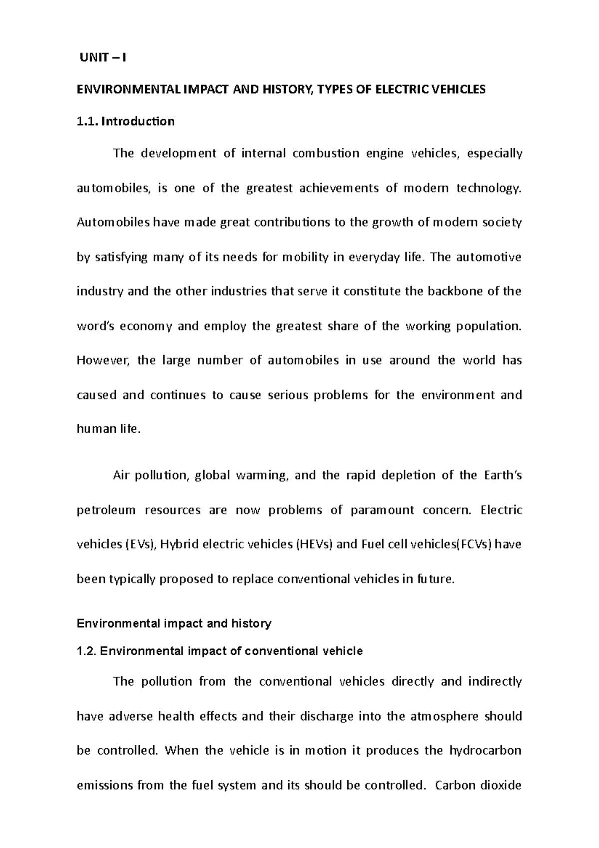 UNIT - 1 - E vehicle technology - UNIT – I ENVIRONMENTAL IMPACT AND ...