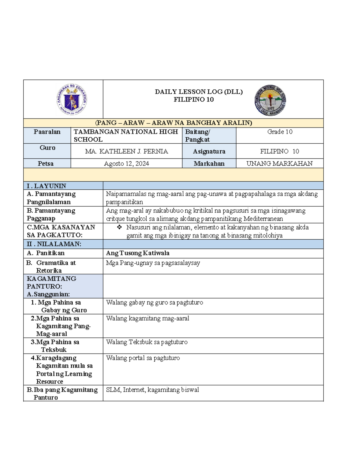 Q1fil10dll6 - Lesson plan - DAILY LESSON LOG (DLL) FILIPINO 10 (PANG ...