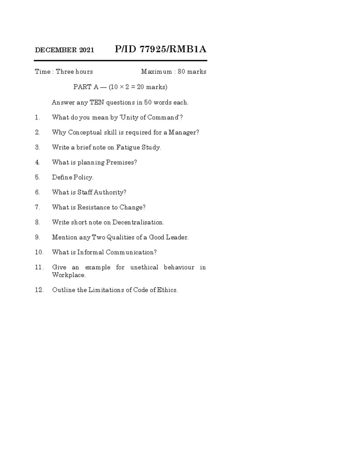 77925 - Question paper for MBA - DECEMBER 2021 P/ID 77925/RMB1A Time ...