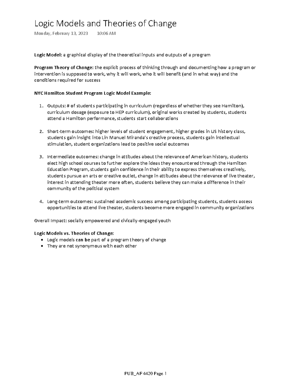Logic Models and Theories of Change - Logic Model: a graphical display ...