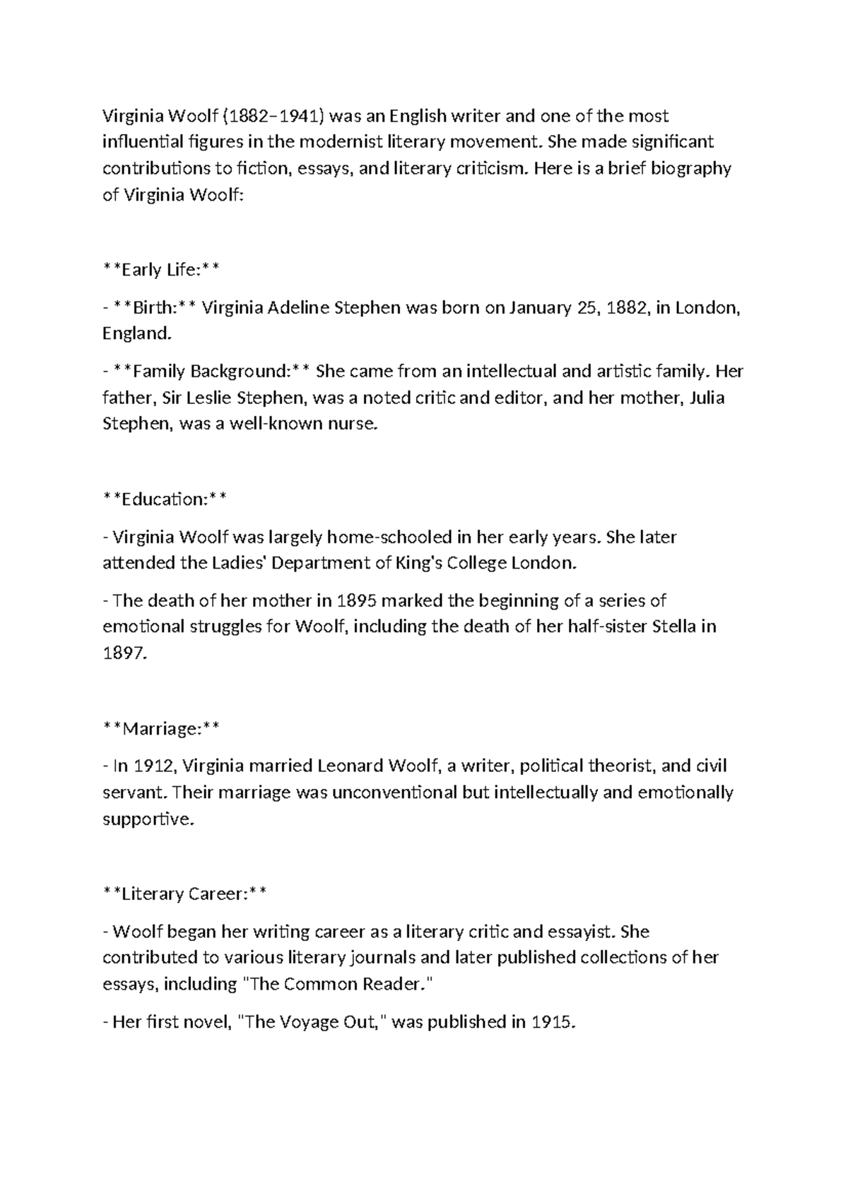 Virginia Woolf - Notes - Virginia Woolf (1882–1941) was an English ...