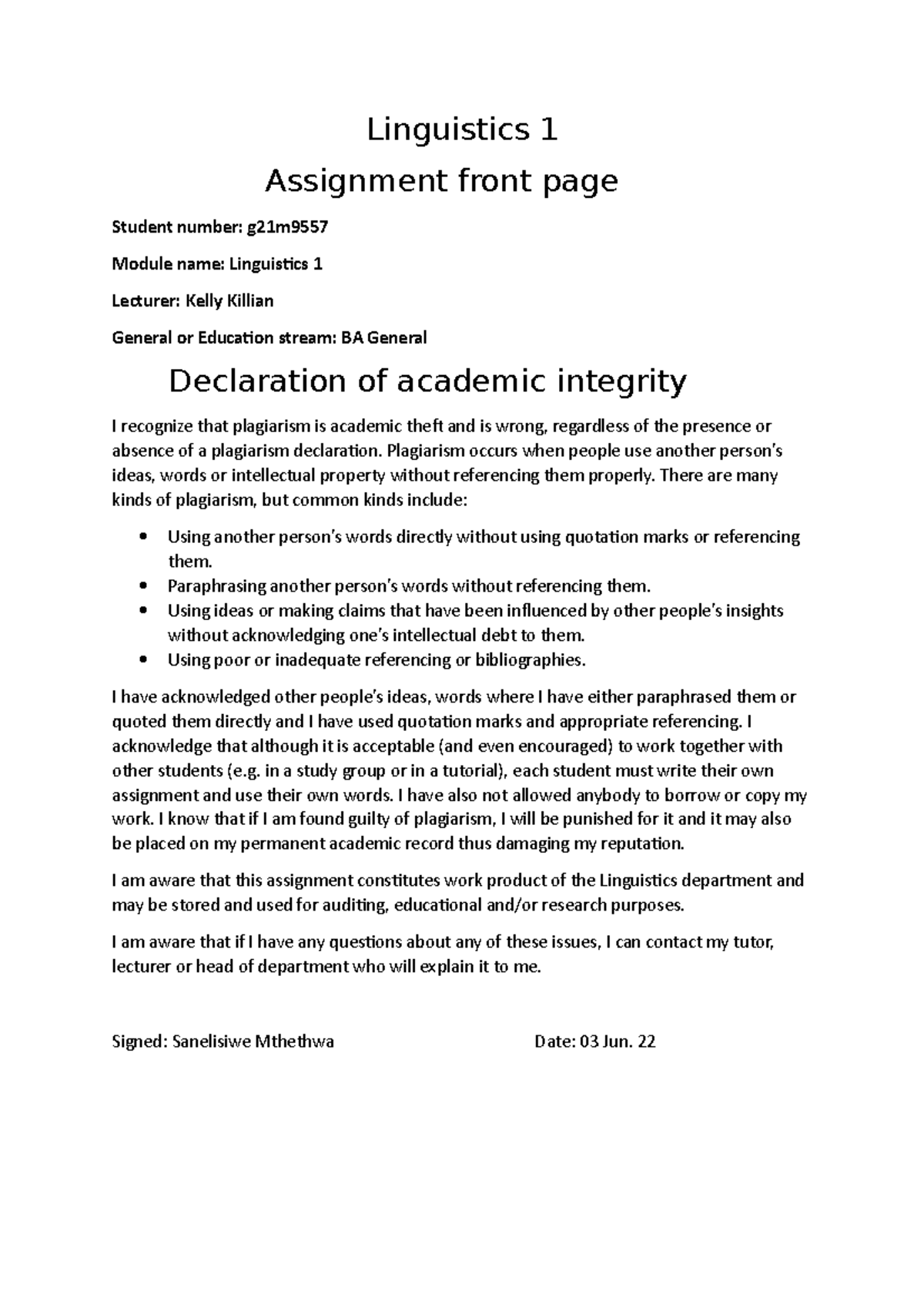 Linguistics Term 2 Answers - Linguistics 1 Assignment front page ...