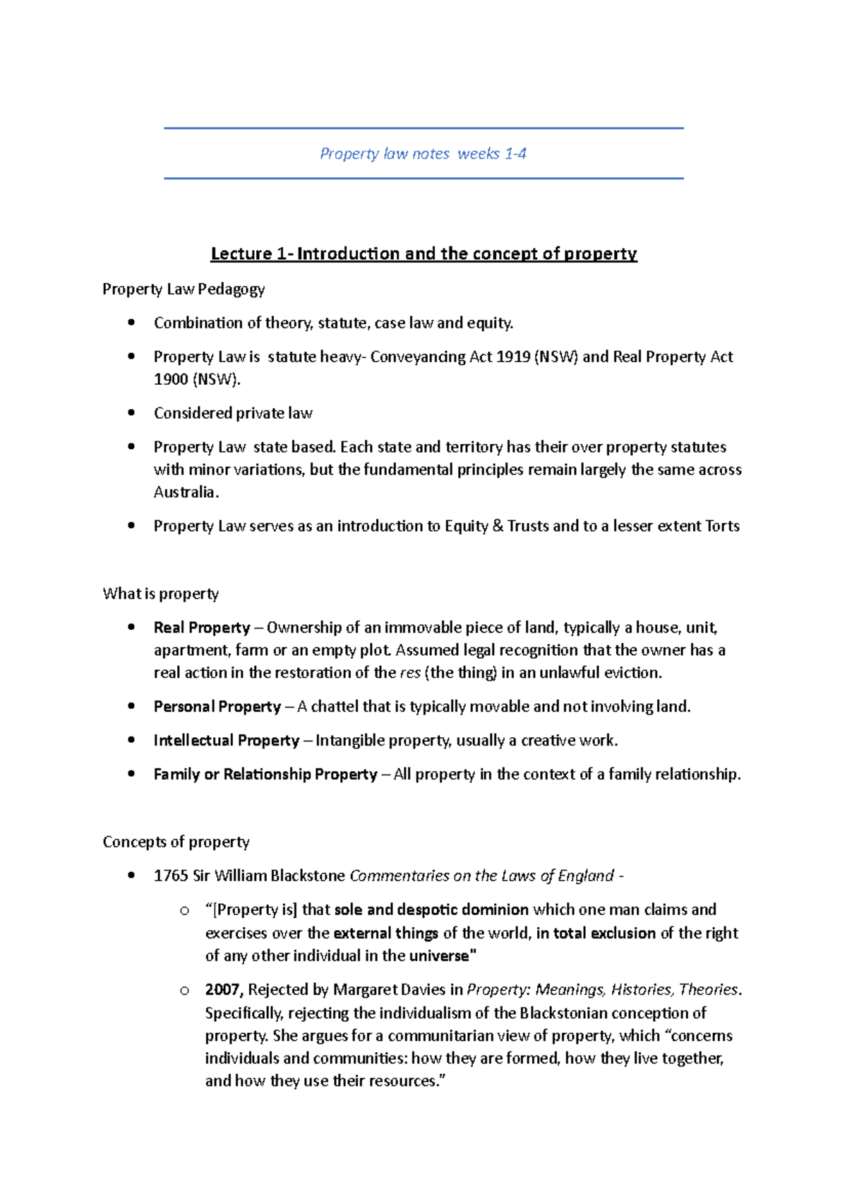 Weeks 1-4 property notes - Property law notes weeks 1- Lecture 1 ...