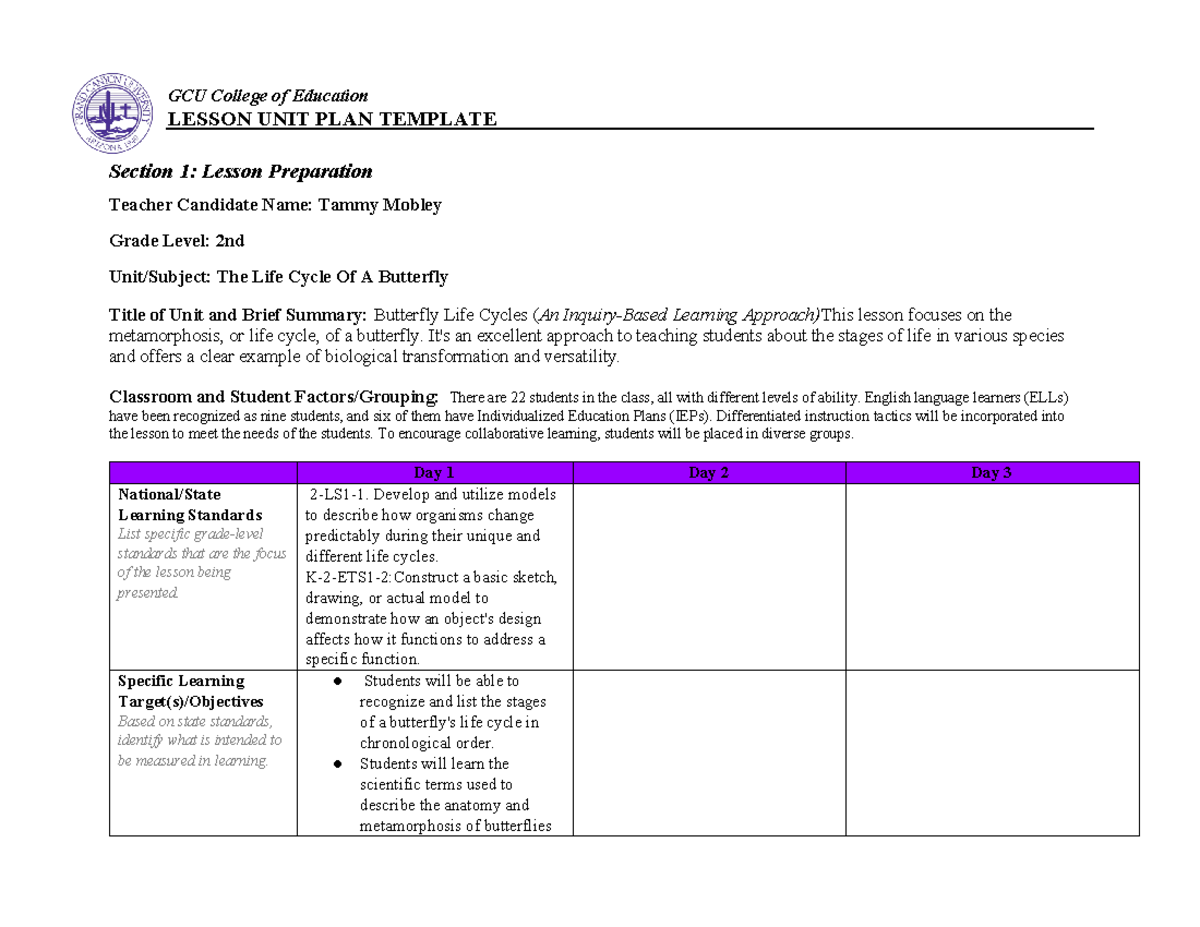 3-day unit plan template (3) (1) - Section 1: Lesson Preparation ...