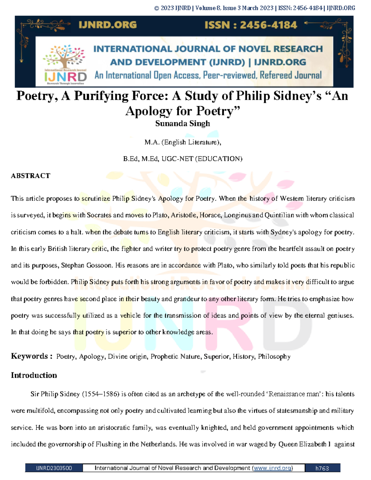 Ijnrd 2303500 - Poetry, A Purifying Force: A Study of Philip Sidney’s ...