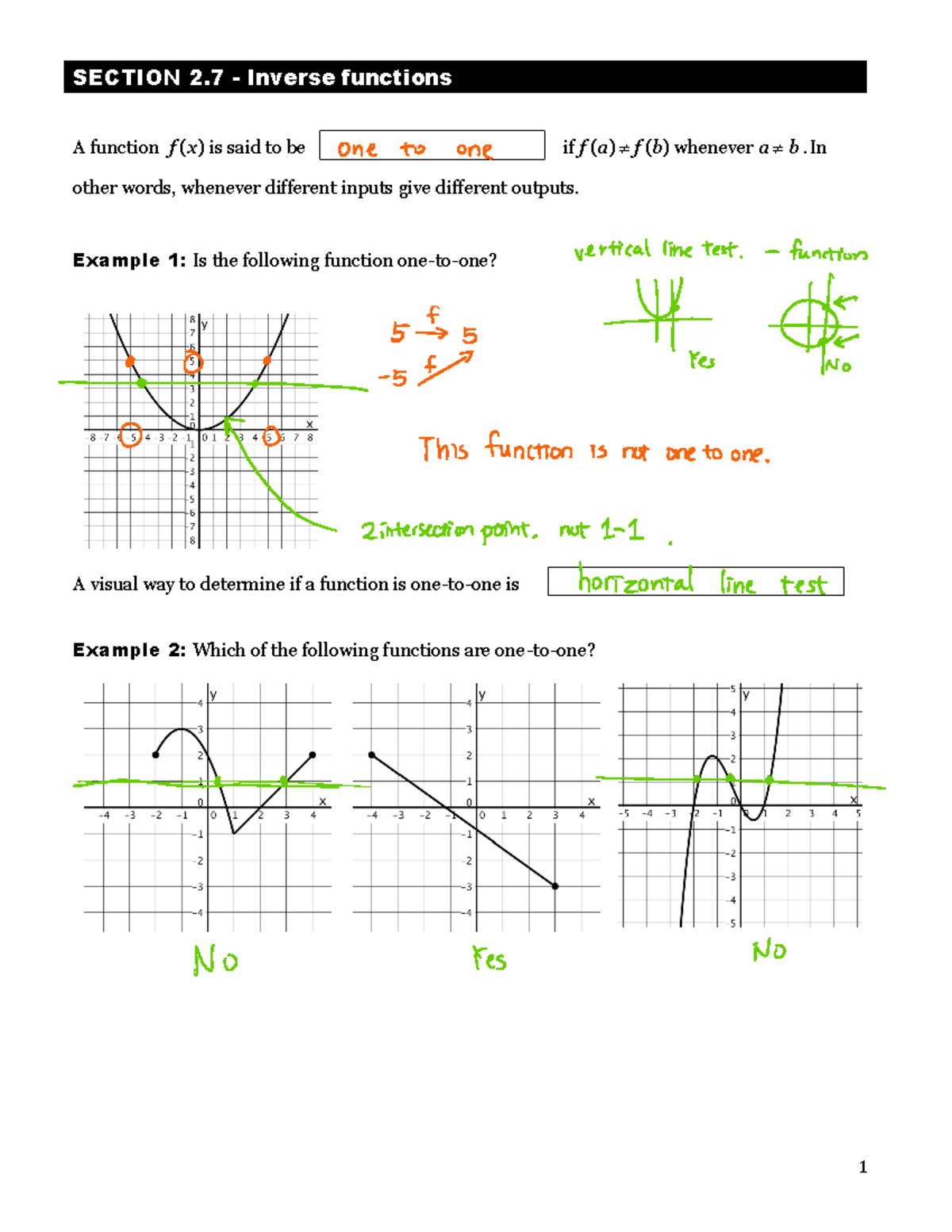 120 15F notes 2 - Chapter 2.7 Review - SECTION 2 - Inverse functions A ...